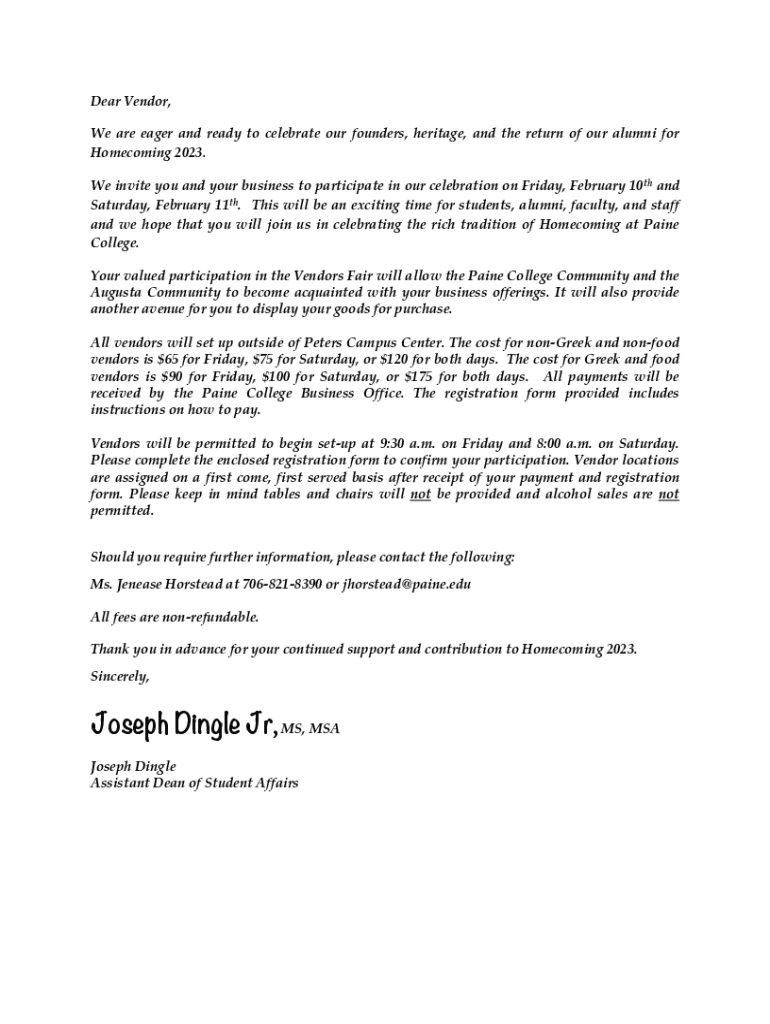 Fillable Online 2023 Homecoming Vendor Letter and Registration Form Fax ...