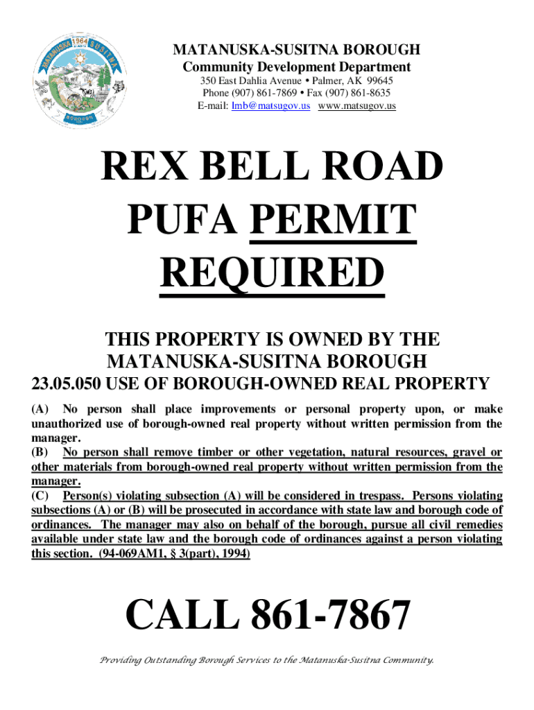 Fillable Online REX BELL ROAD PUFA PERMIT REQUIRED CALL 861-7867 Fax ...