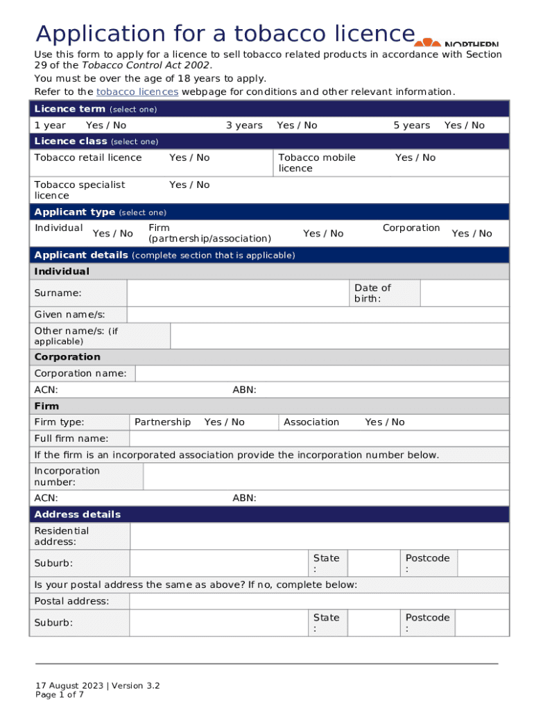 Application for a tobacco licence - nt gov Doc Template | pdfFiller