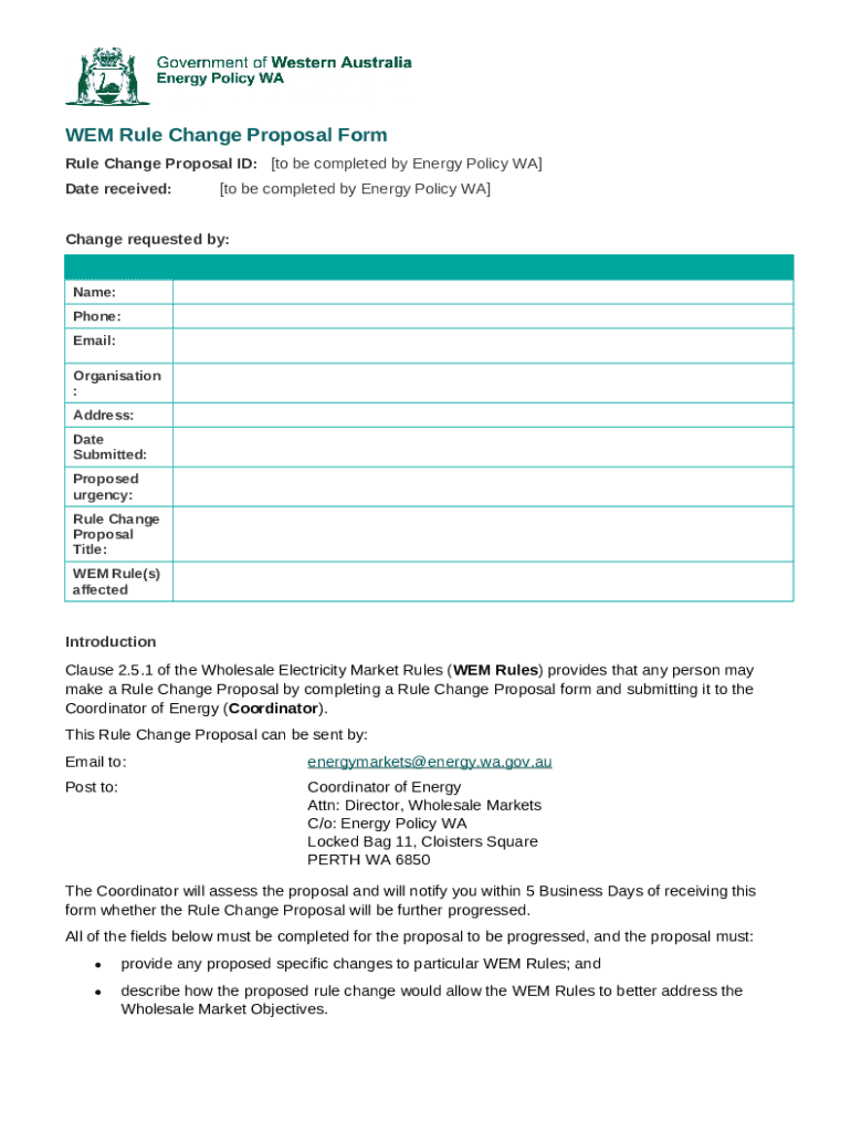 WEM Rule Change Proposal Doc Template | pdfFiller