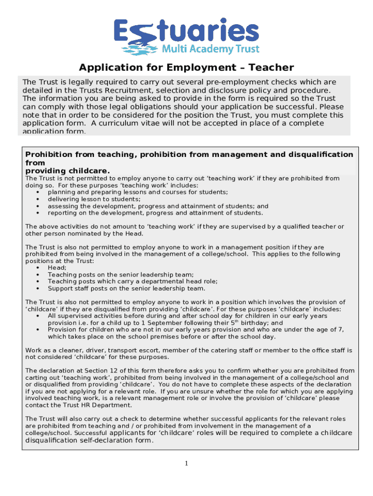 Application for Employment Teacher Doc Template | pdfFiller