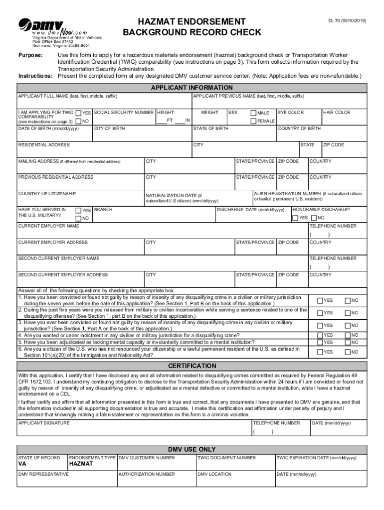 Hazmat Endorsement Background Check Application - Blank Fillable ...