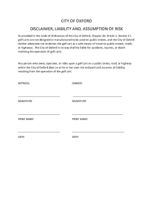 Fillable Online CITY OF OXFORD DISCLAIMER, LIABILITY AND, ASSUMPTION OF ...
