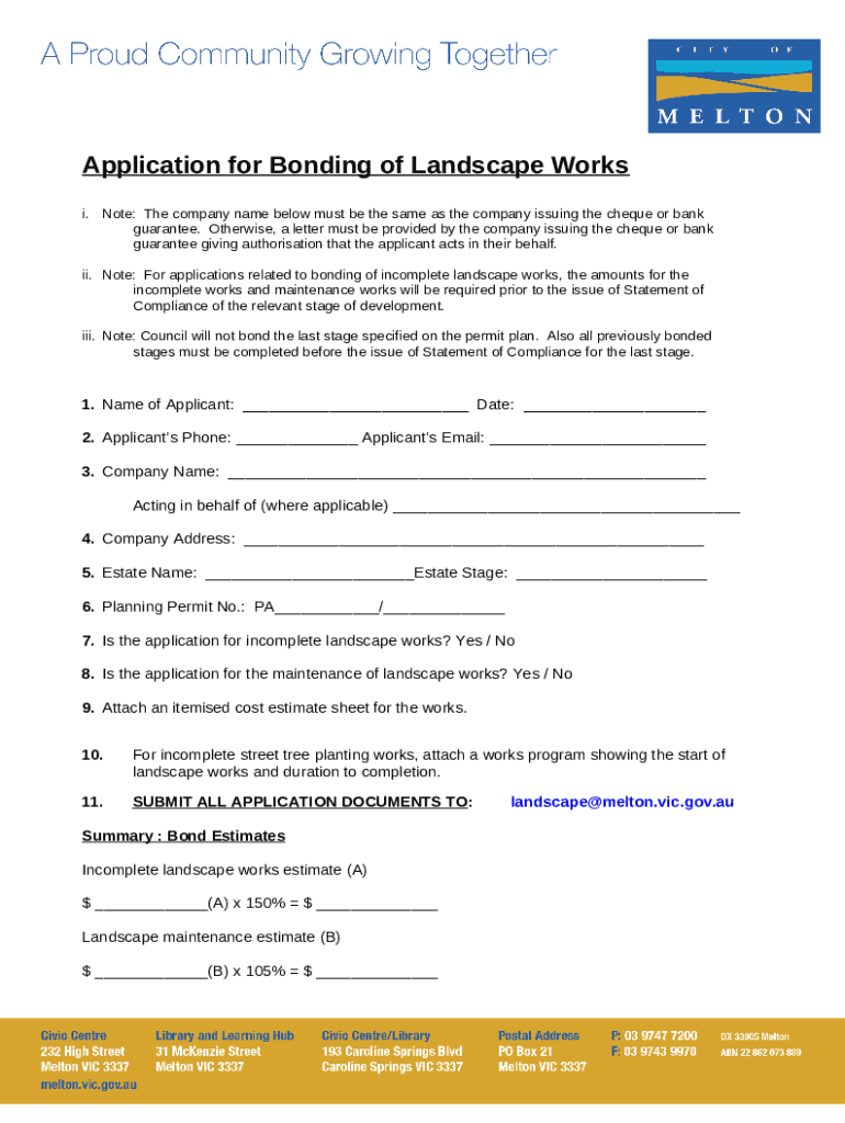 Application to bond landscape works Doc Template | pdfFiller