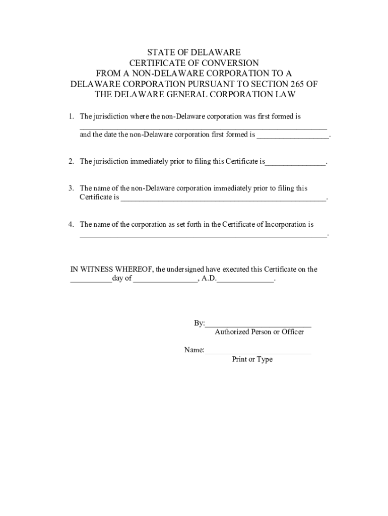 Fillable Online Certificate of Conversion from a Delaware Statutory ...