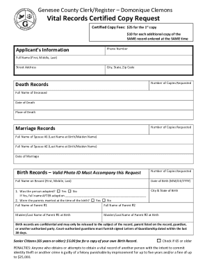 Fillable Online Vital Records Certified Copy Request Fax Email Print - pdfFiller