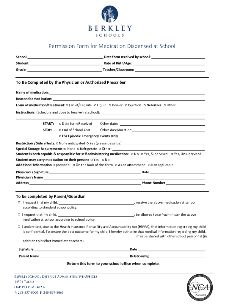 Fillable Online Permission Form for Medication Dispensed at School Fax ...