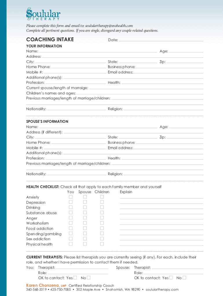 Fillable Online COACHING INTAKE Fax Email Print - pdfFiller