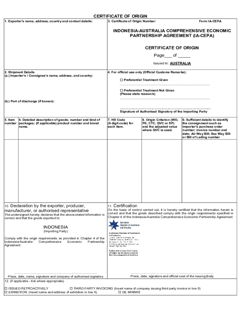 Fillable Online CERTIFICATE OF ORIGIN INDONESIA-AUSTRALIA ... Fax Email ...