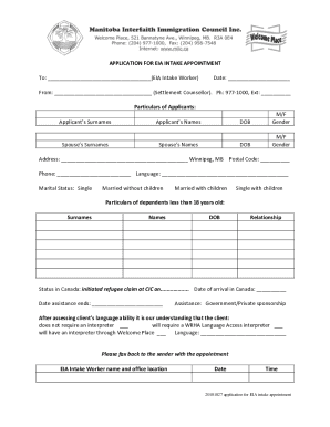 Fillable Online Welcome Place Application for EIA Intake Appointment ...