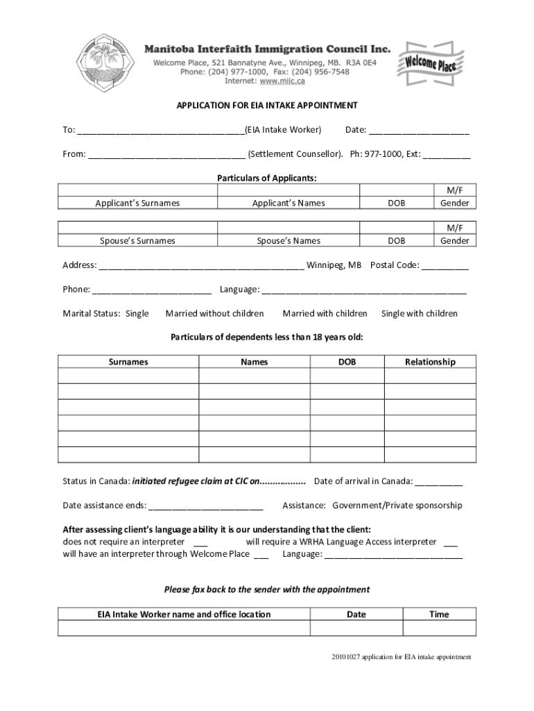 Fillable Online Welcome Place Application for EIA Intake Appointment ...