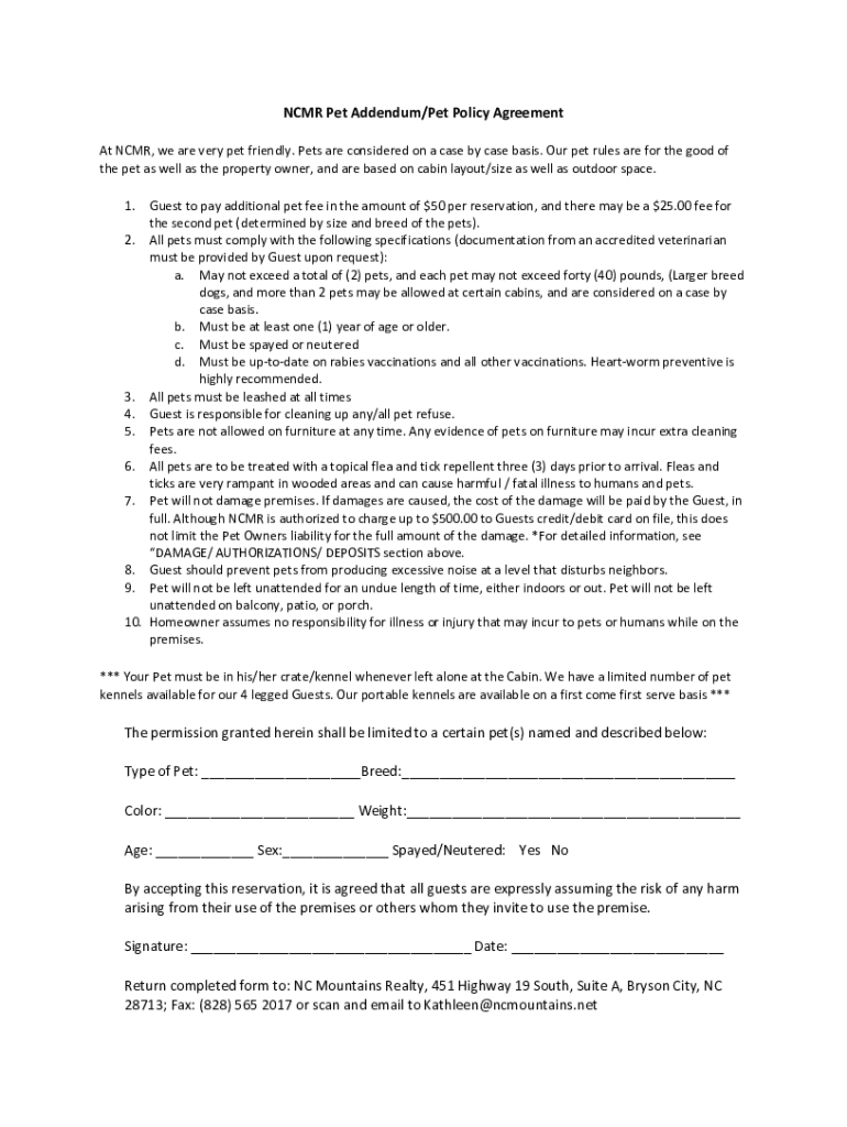 Fillable Online Free Pet Addendum to a Lease Agreement Template Fax ...