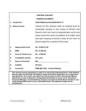Fillable Online Tender for the contract work of contract work to ...