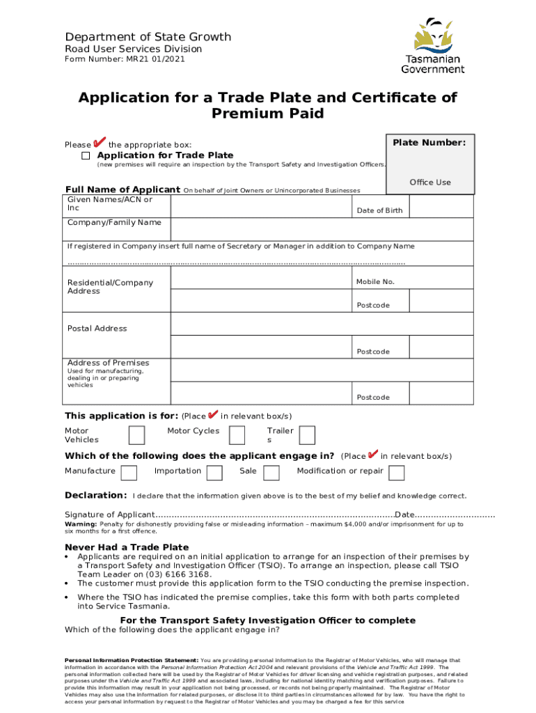 Application for Trade Plates ( E96) Doc Template | pdfFiller