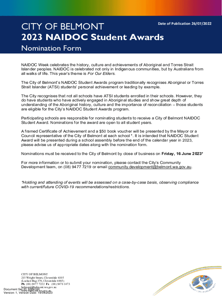 Fillable Online ECM5554160v1NAIDOC Student Award Nomination Form 2023. NAIDOC Student Award ...