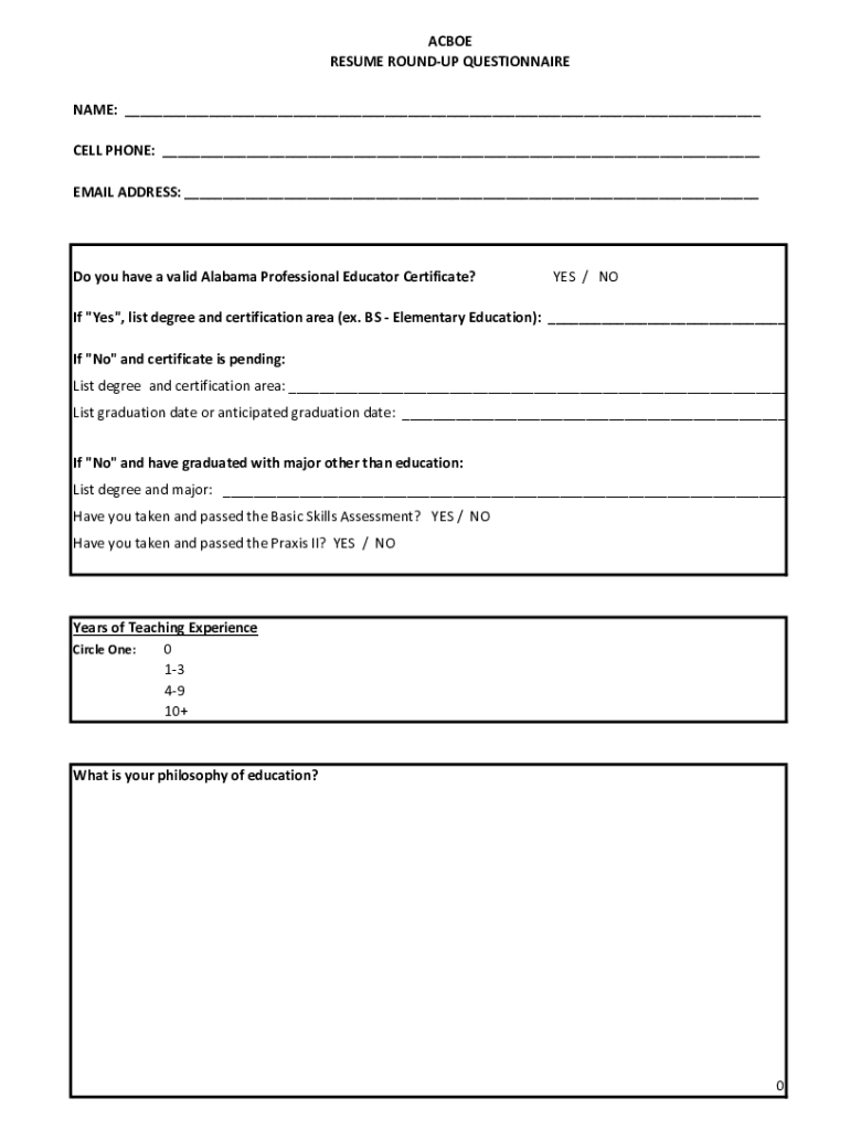 Fillable Online ACBOE RESUME ROUND-UP QUESTIONNAIRE 0 NAME Fax Email ...