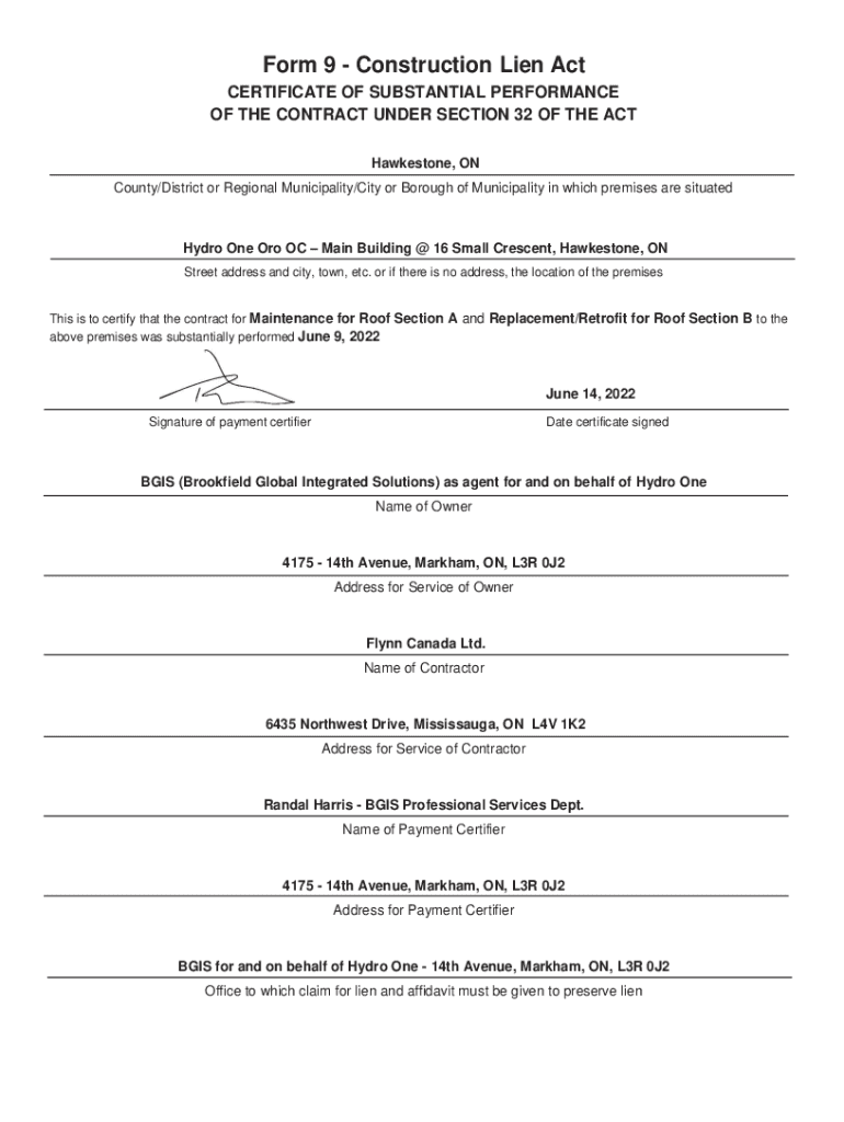 Fillable Online CIBC 01079 Onoway Roof Project Form 9 Certificate of ...