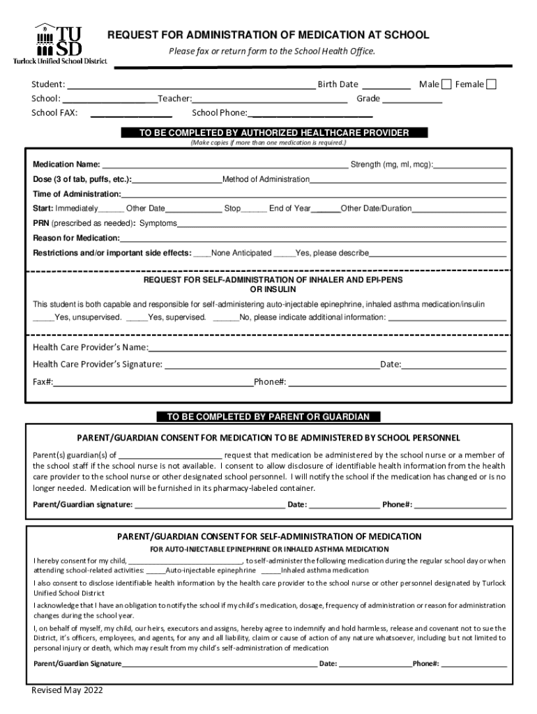 Fillable Online REQUEST FOR ADMINISTRATION OF MEDICATION AT SCHOOL Fax ...