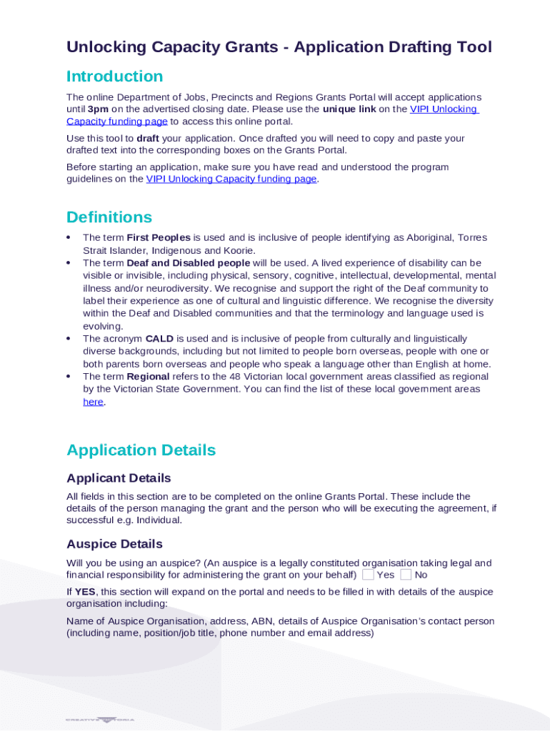 Unlocking Capacity Grants - Application Drafting Tool - creative vic ...