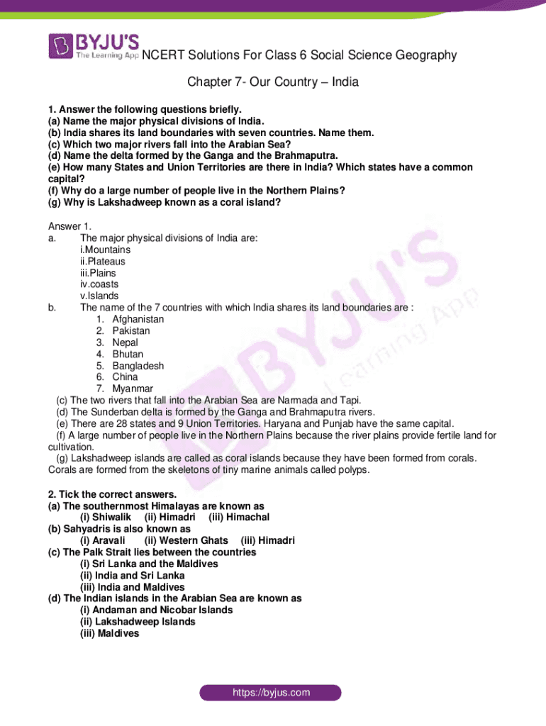Fillable Online NCERT Book Solutions Class 6 Geography Chapter 7 Our ...
