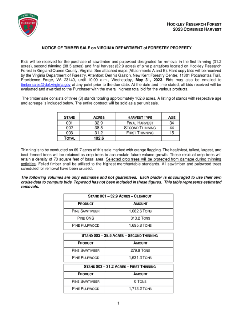 Fillable Online dof virginia NOTICE OF TIMBER SALE on VIRGINIA ...
