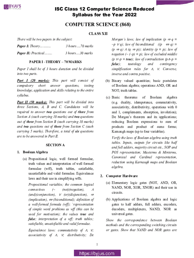 Fillable Online ISC Class 12 Computer Science Reduced Syllabus for the ...