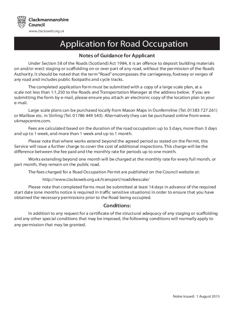 Fillable Online Guidance NotesApplication for Road Occupation Permit ...
