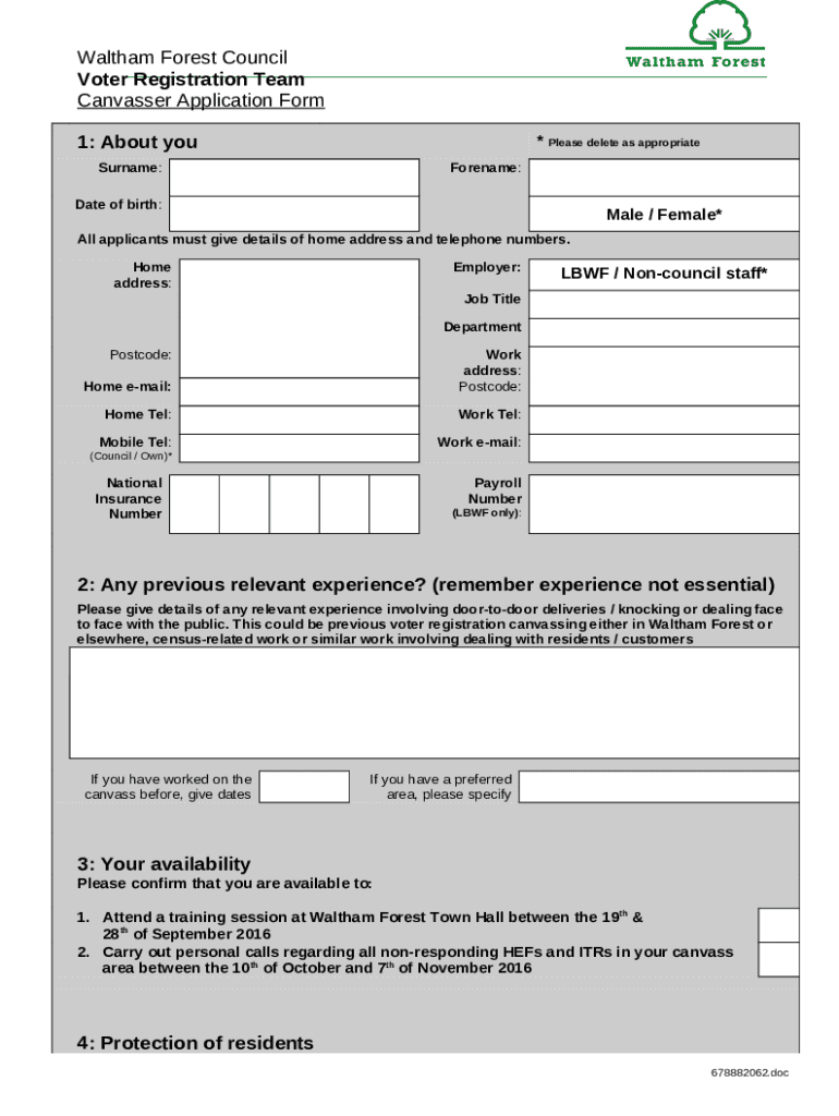 Canvasser Application Doc Template | pdfFiller