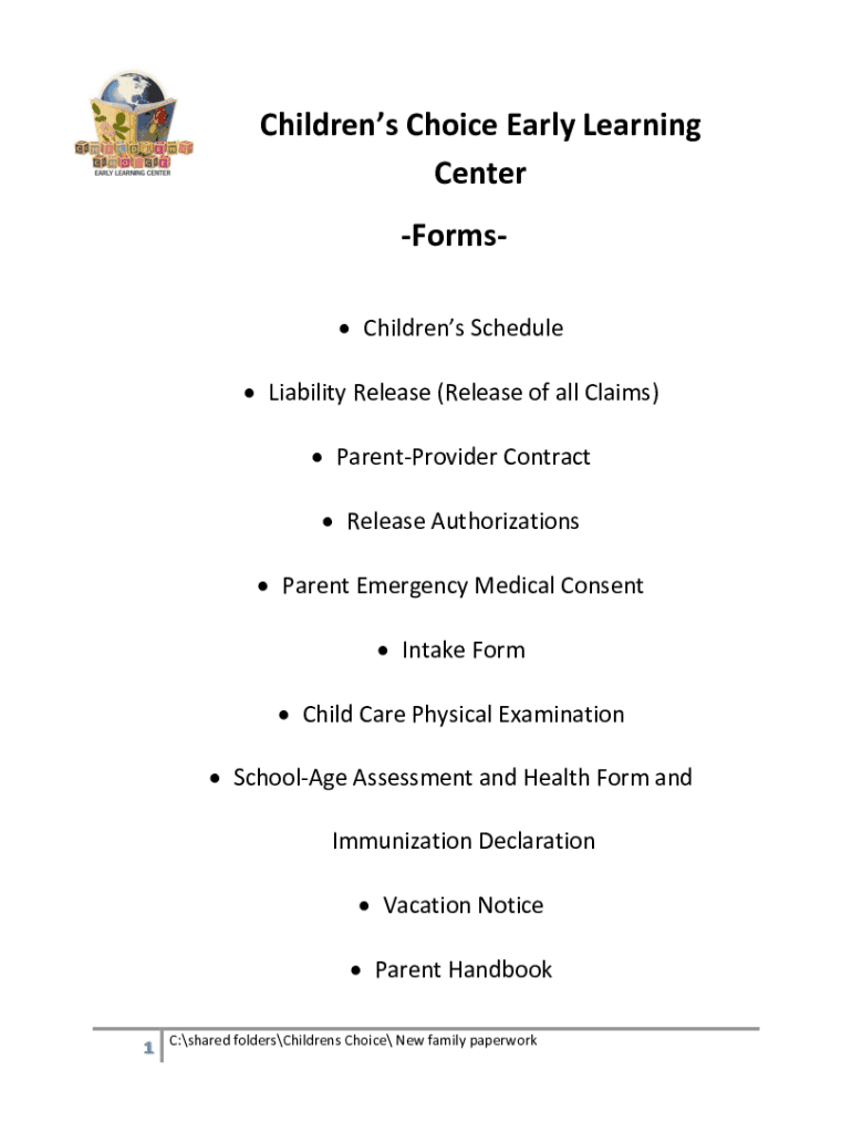 Fillable Online Children's Choice Early Learning Center -Forms- Fax Email Print - pdfFiller
