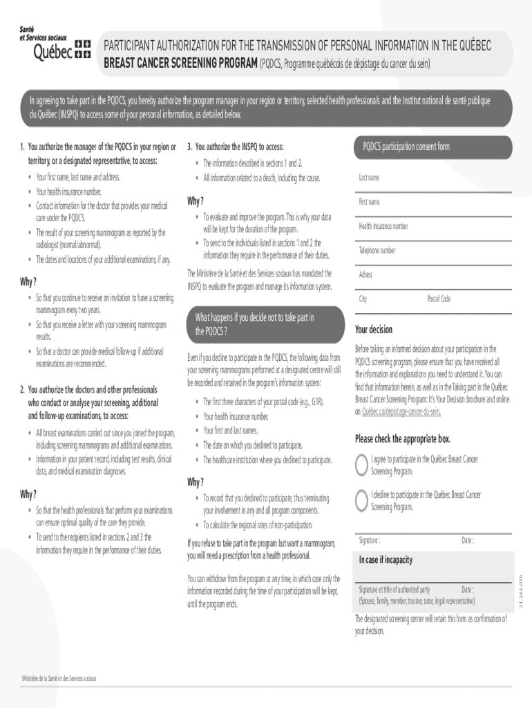 Fillable Online publications msss gouv qc Participant Authorization for ...