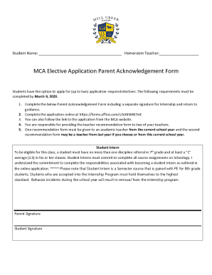 Fillable Online MCA Elective Application Parent Acknowledgement Form ...