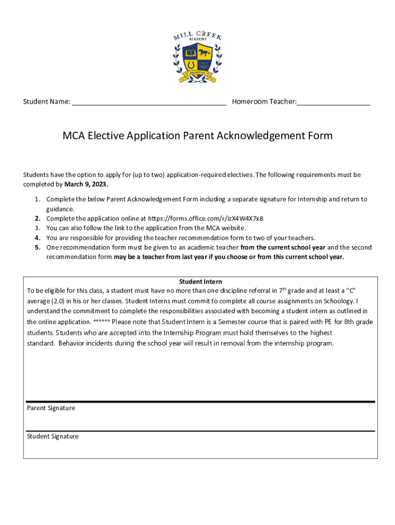 Fillable Online MCA Elective Application Parent Acknowledgement Form Fax Email Print - pdfFiller