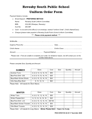 Fillable Online Revesby South Public School Uniform Order Form Fax ...