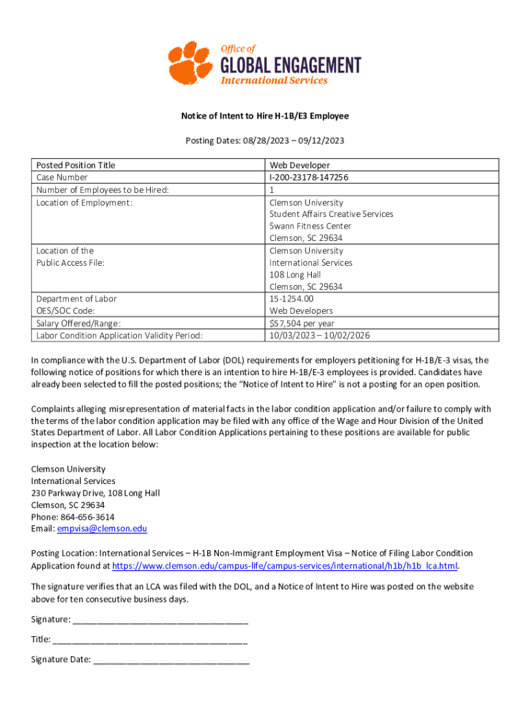 Fillable Online Notice of Intent to Hire H-1B / E3 Employee # 6243 Fax ...