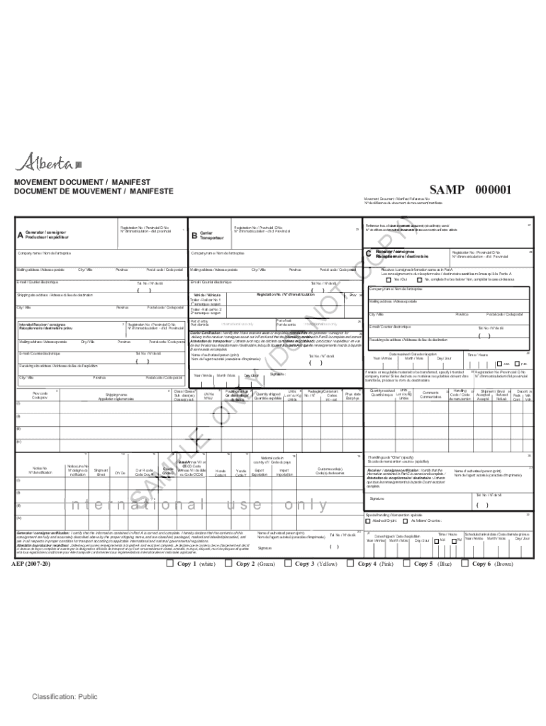 Fillable Online Movement Document - Manifest SAMP 000001. Hazardous ...