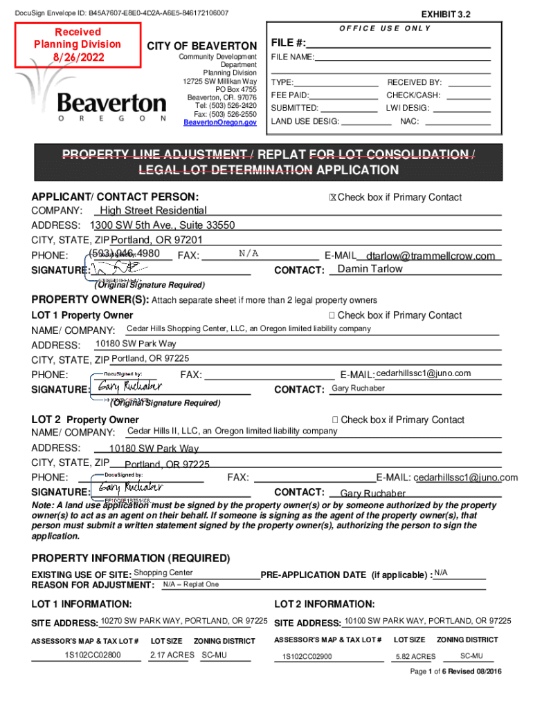 Fillable Online PROPERTY LINE ADJUSTMENT / REPLAT FOR LOT ... Fax Email ...