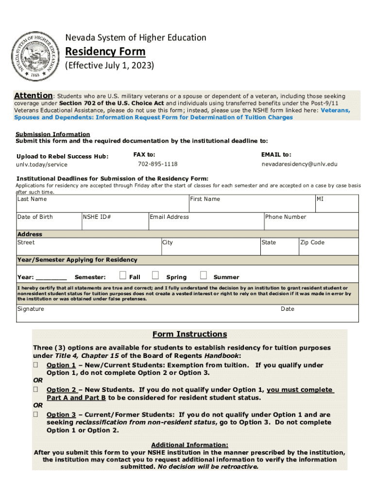 Fillable Online Nevada System of Higher Education - Residency Form Fax ...