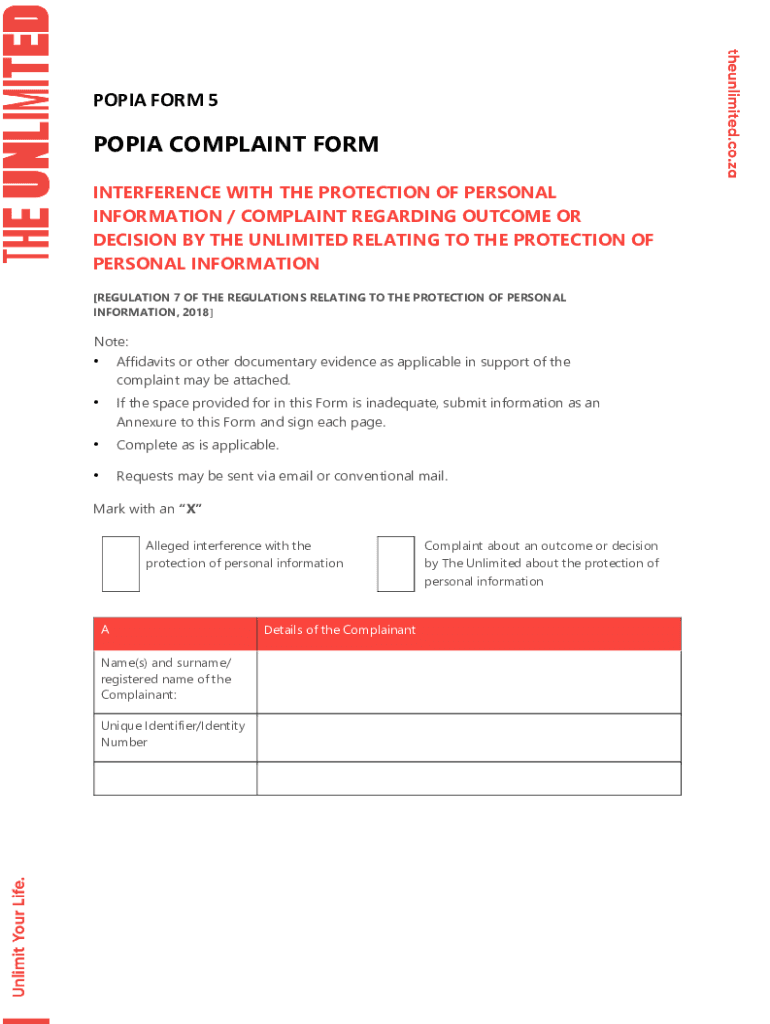 Fillable Online POPIA COMPLAINT FORM Fax Email Print - pdfFiller