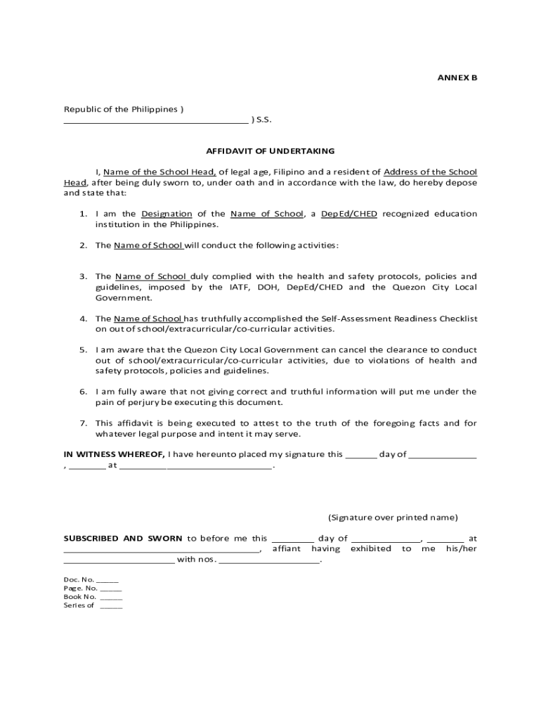 Fillable Online S.S. AFFIDAVIT OF UNDERTAKING I, Name of the School Fax ...