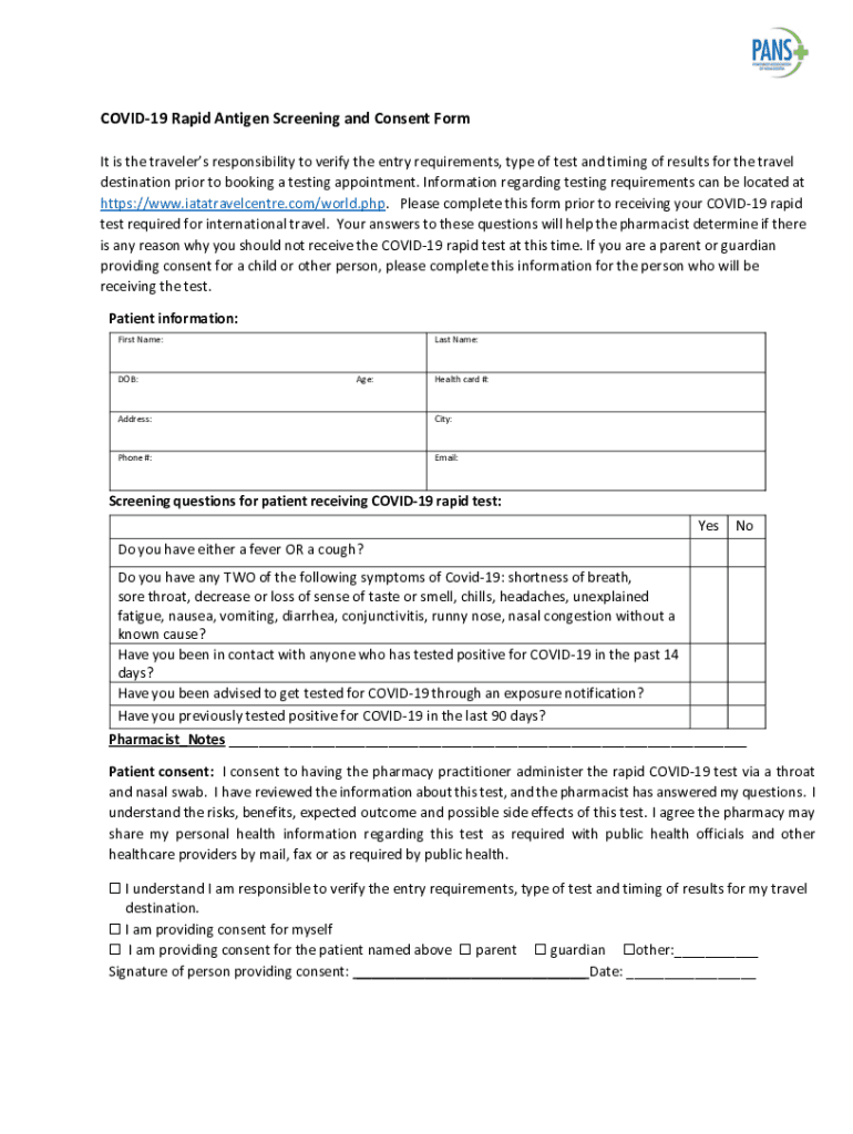 Fillable Online pans ns COVID-19 Rapid Antigen Screening and Consent ...