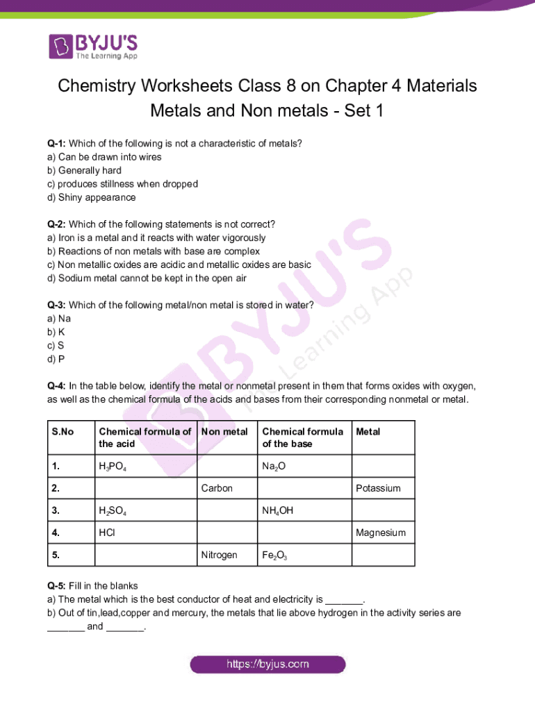 Fillable Online Chemistry Worksheets Class 8 on Chapter 4 Materials ...