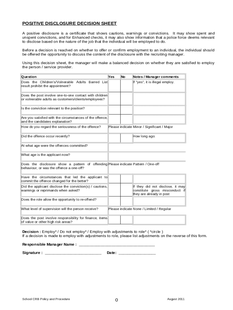 POSITIVE DISCLOSURE DECISION SHEET Doc Template | pdfFiller