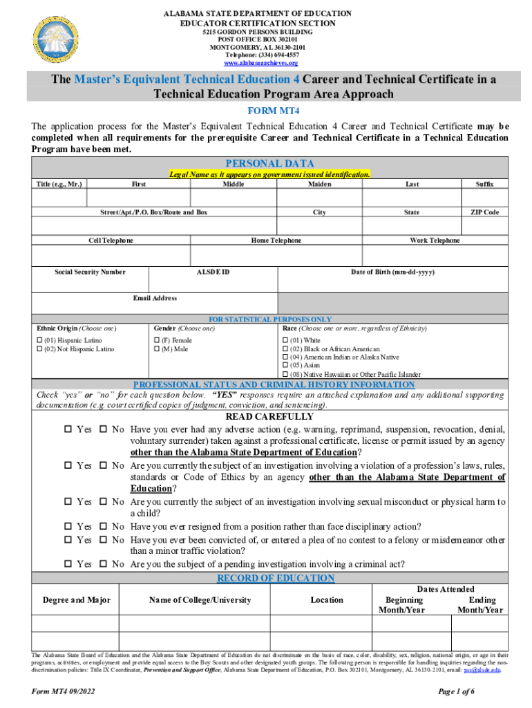 Fillable Online Form MT4 Master Equivalent 4 Teachnical Education. Form ...