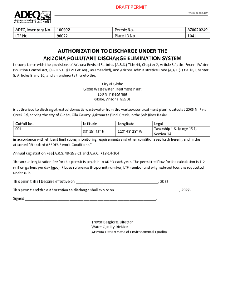 Fillable Online AUTHORIZATION TO DISCHARGE UNDER THE ARIZONA ... - ADEQ ...