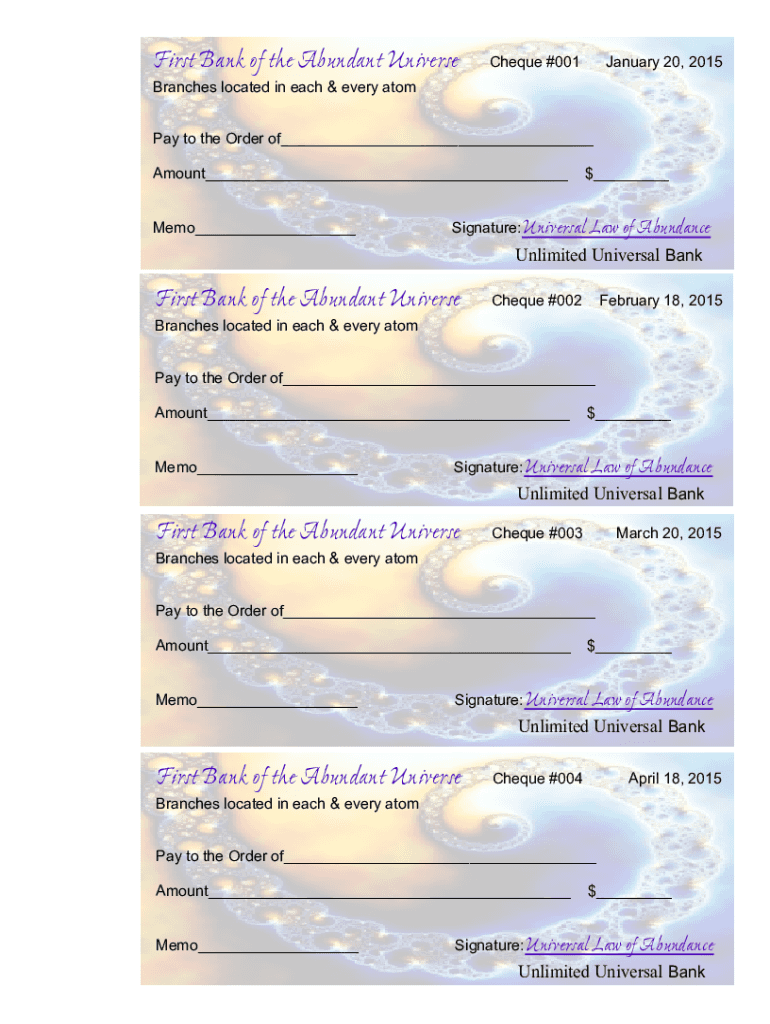 Fillable Online First Bank of the Abundant Universe Cheque #001 ... Fax ...