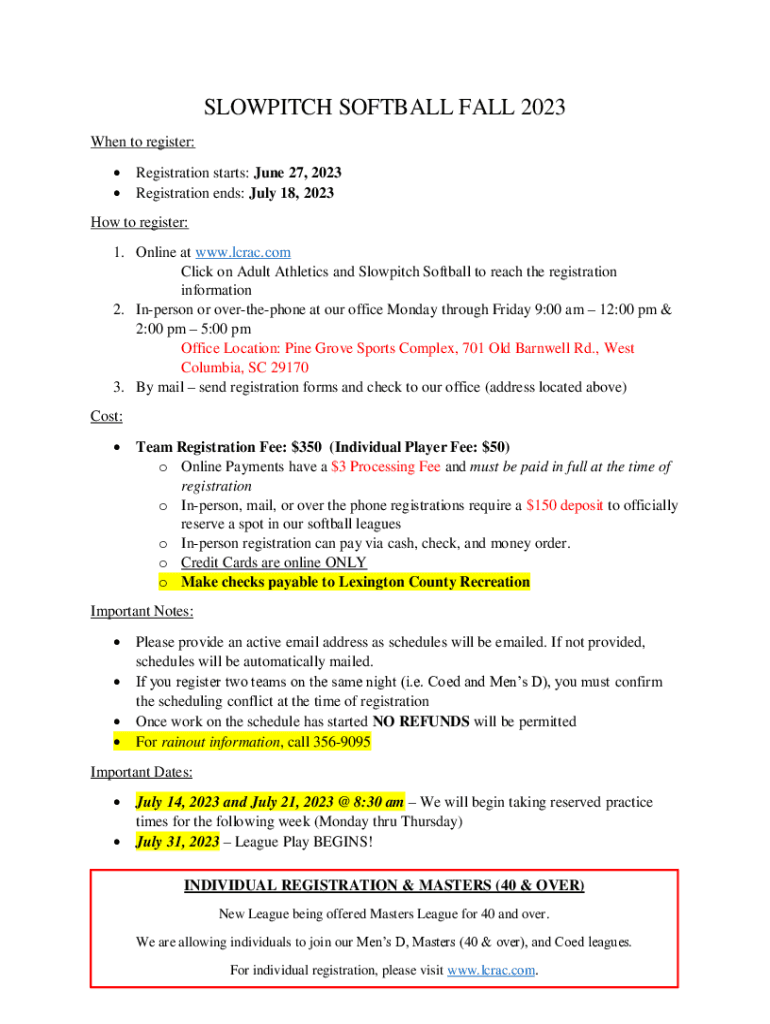 Fillable Online Spring Co-Ed Slow Pitch Softball League Registration ...