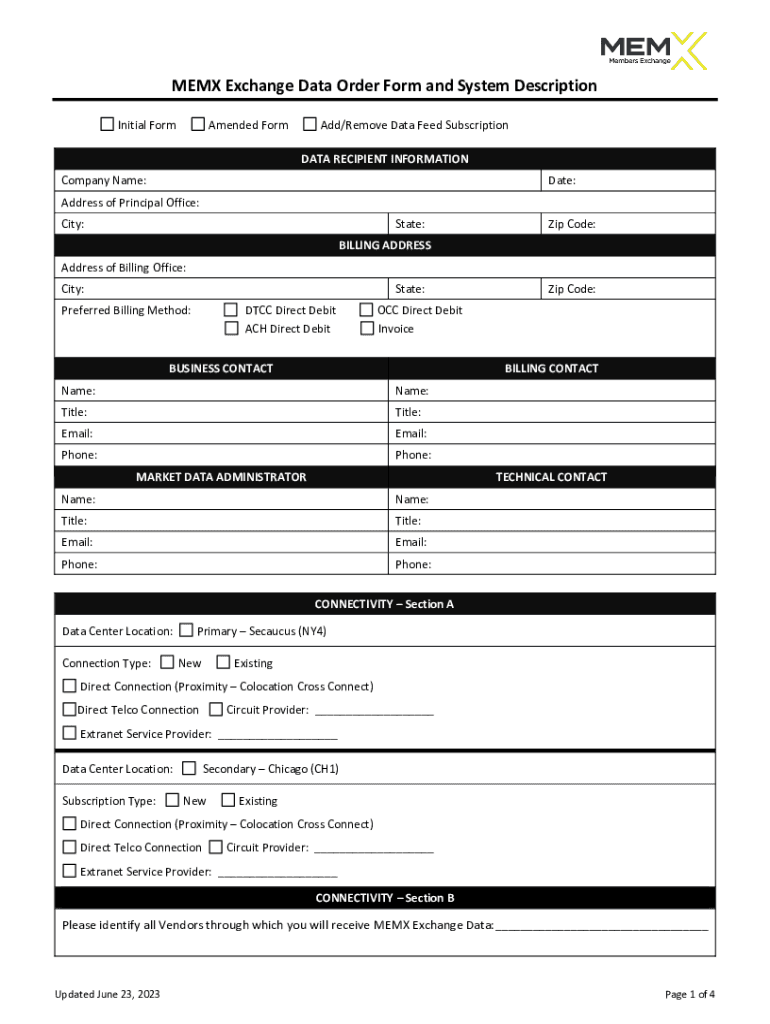 Fillable Online MEMX Exchange Data Order Form Fax Email Print - pdfFiller