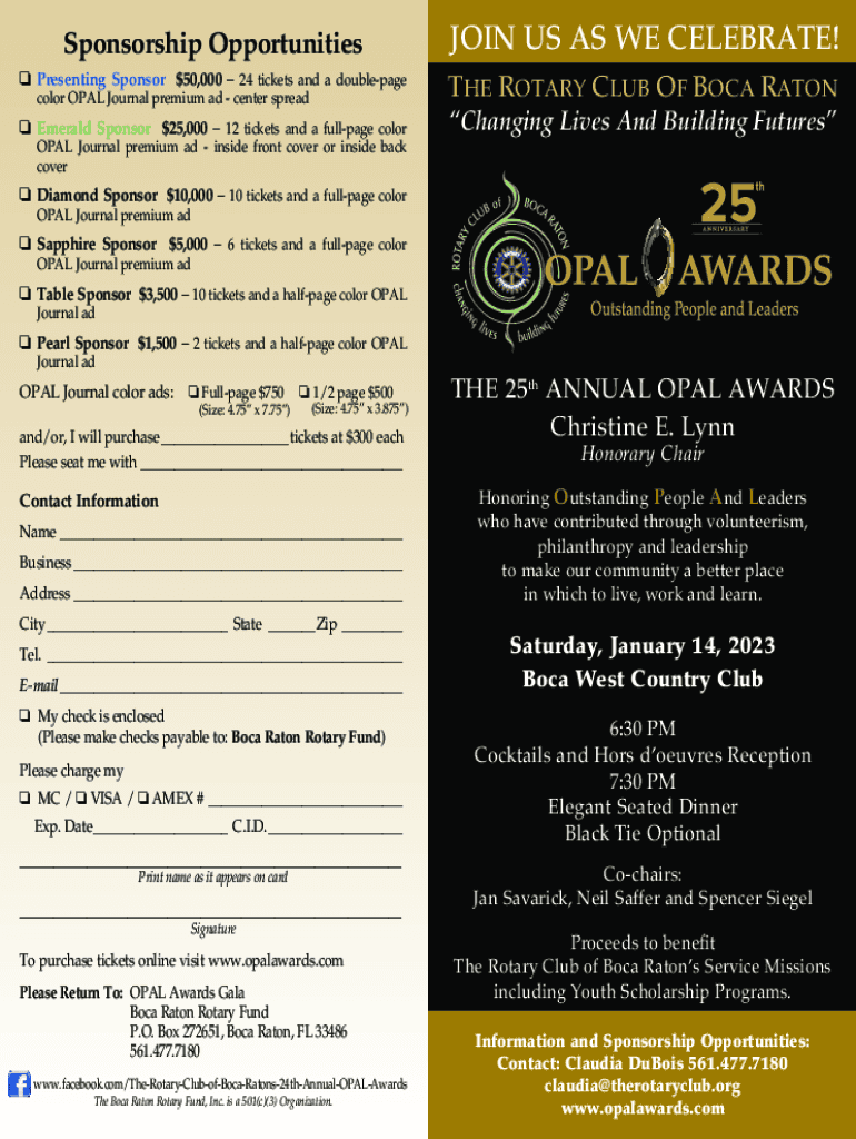 Fillable Online OPAL Awards Tickets - The Rotary Club of Boca Raton Fax ...
