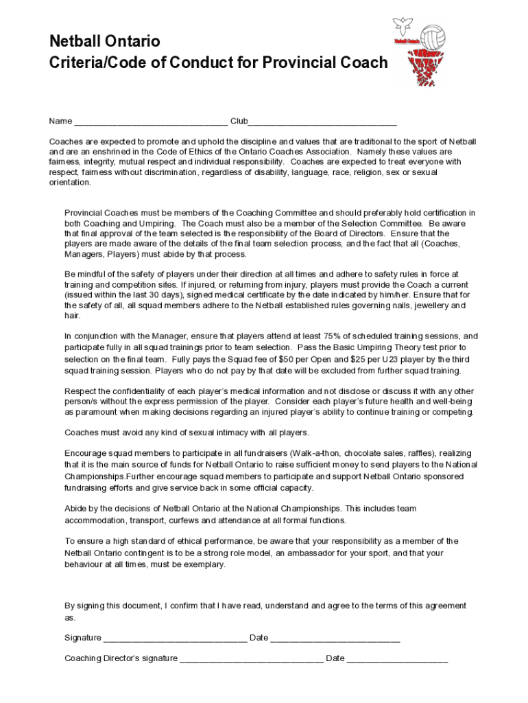 Fillable Online Netball Ontario Criteria/Code of Conduct for Provincial ...