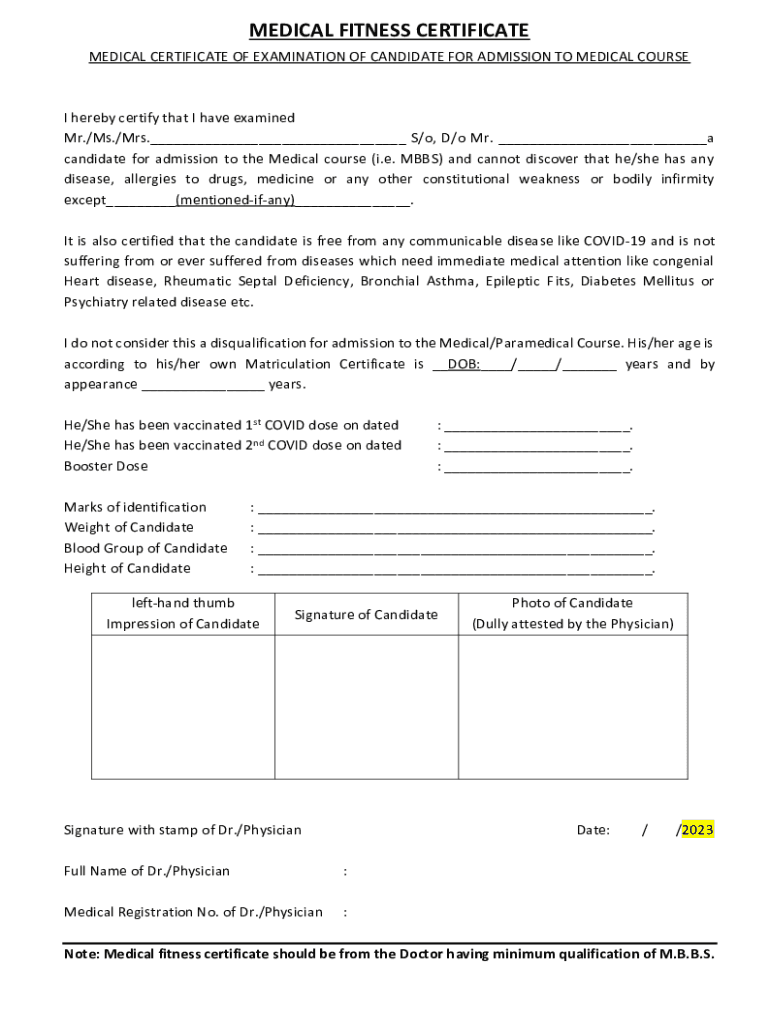 Fillable Online Medical Certificate of Fitness - TCS Confidential ...